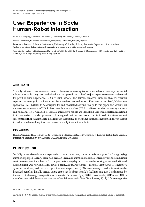 (PDF) User Experience in Social Human-Robot Interaction