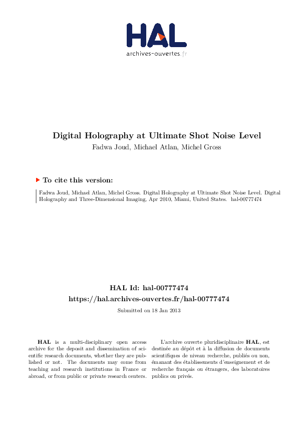(PDF) Digital Holography at Ultimate Shot Noise Level