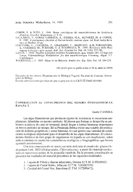 (PDF) Contribución al conocimiento del género Oedogonium en España. I
