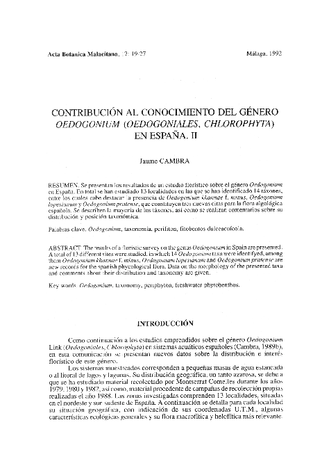 (PDF) Contribución al conocimiento del género Oedogonium (Oedogoniales, Chlorophyta) en España. II