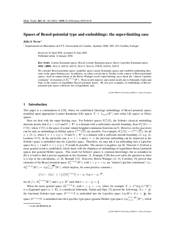 (PDF) Spaces of Bessel-potential type and embeddings: the super-limiting case