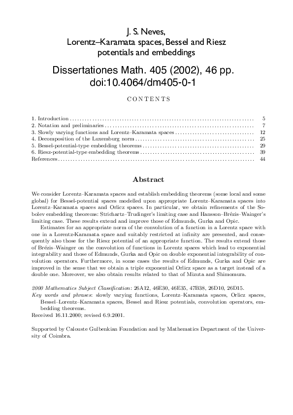 (PDF) Lorentz–Karamata spaces, Bessel and Riesz potentials and embeddings