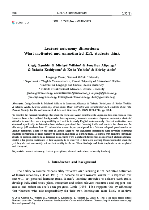 (PDF) Learner autonomy dimensions: What motivated and unmotivated EFL students think