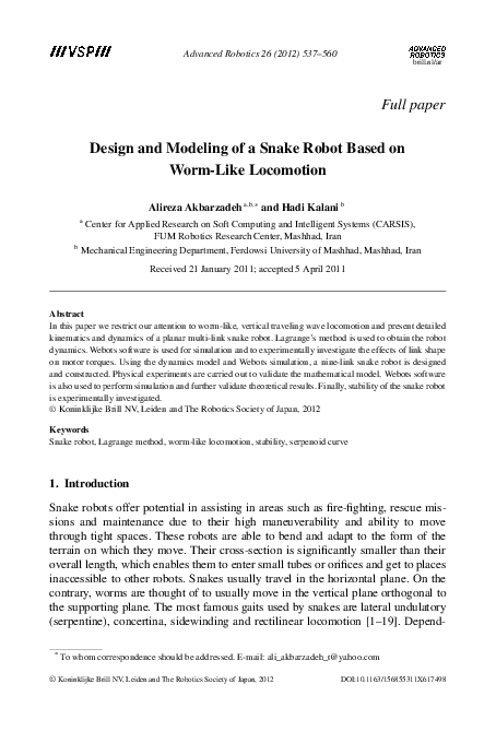 (PDF) Design and Modeling of a Snake Robot Based on Worm-Like Locomotion