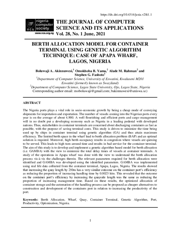 Pdf Berth Allocation Model For Container Terminal Using Genetic Algorithm Technique Case Of