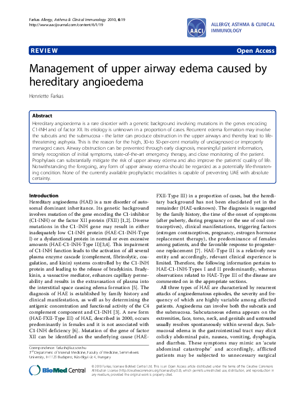 (PDF) Management of upper airway edema caused by hereditary angioedema