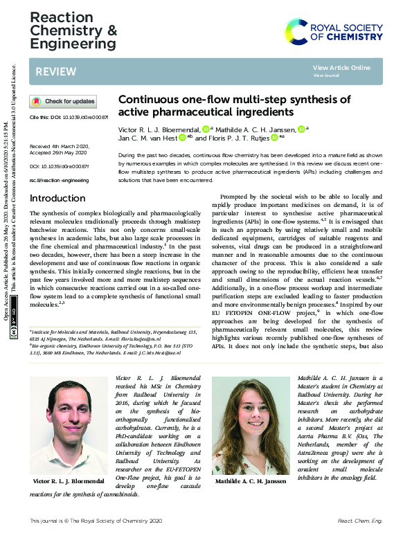 (PDF) Continuous one-flow multi-step synthesis of active pharmaceutical ingredients | Jan van ...