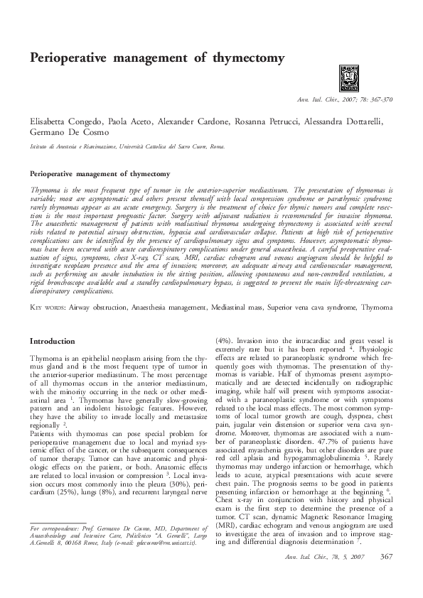(PDF) Perioperative management of thymectomy