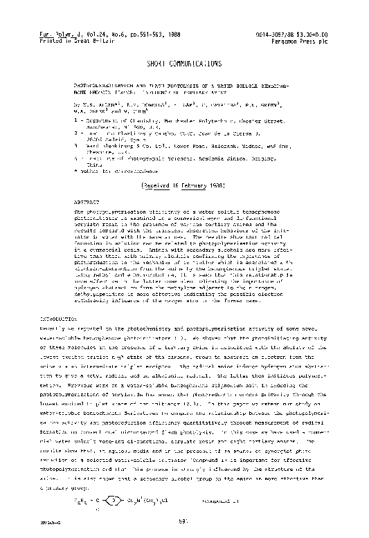 (PDF) Photopolymerisation and flash photolysis of a water soluble ...
