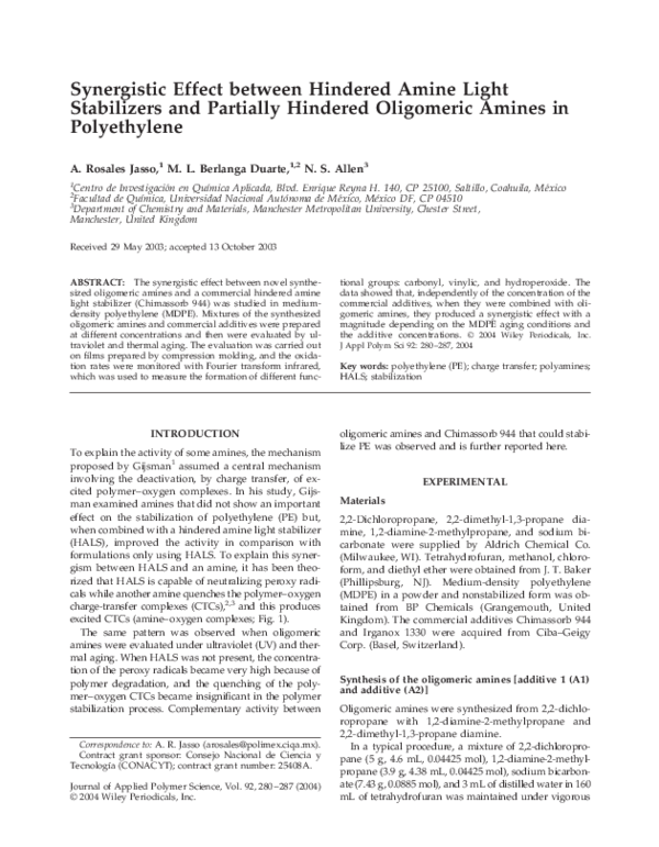 (PDF) Synergistic effect between hindered amine light stabilizers and partially hindered ...