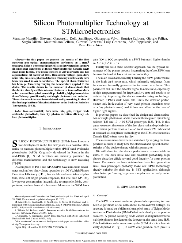 (PDF) Silicon photomultiplier technology at STMicroelectronics | G. Bonanno - Academia.edu