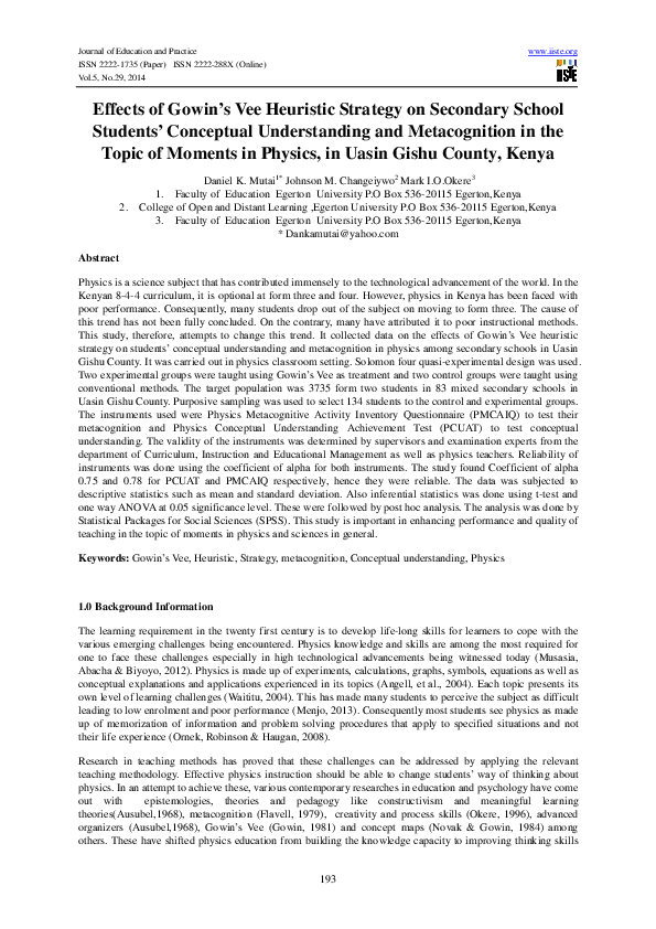 (PDF) Effects of Gowin’s Vee Heuristic Strategy on Secondary School Students’ Conceptual ...