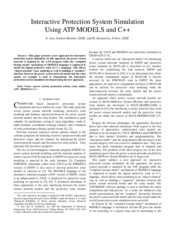 (PDF) Interactive Protection System Simulation Using ATP MODELS and C++