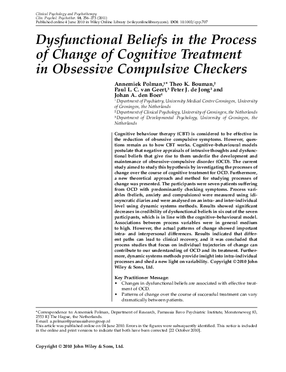 (PDF) Dysfunctional beliefs in the process of change of cognitive ...