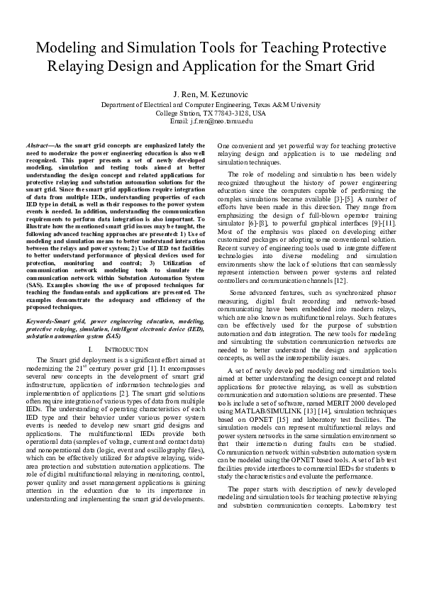 (PDF) Modeling and Simulation Tools for Teaching Protective Relaying Design and Application for ...