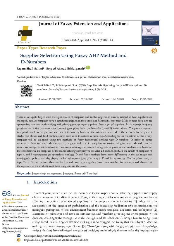 Pdf Supplier Selection Using Fuzzy Ahp Method And D Numbers
