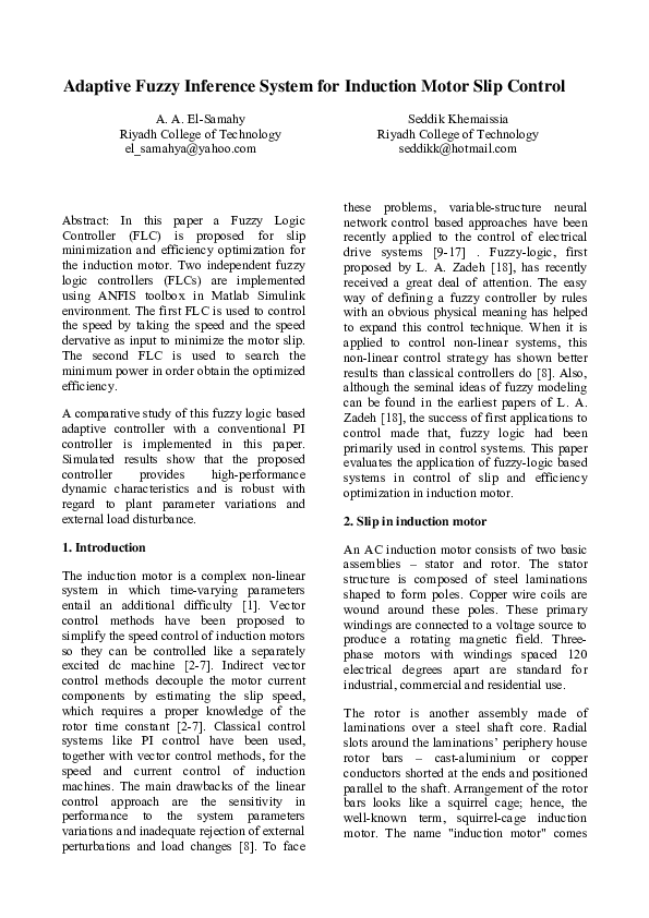 Pdf Adaptive Fuzzy Inference System For Induction Motor Slip Control