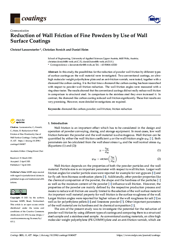 (PDF) Reduction of Wall Friction of Fine Powders by Use of Wall Surface ...