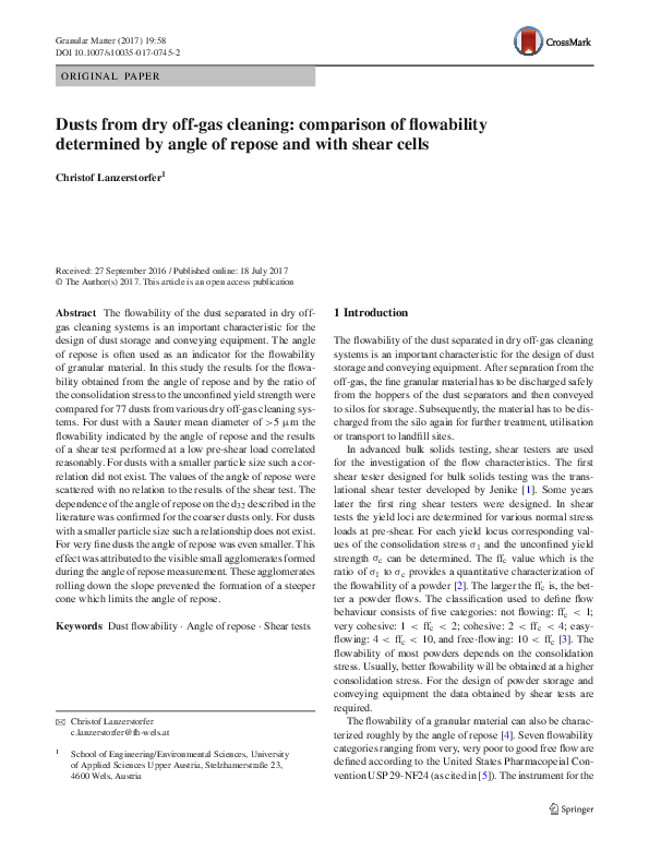 (PDF) Dusts from dry off-gas cleaning: comparison of flowability ...