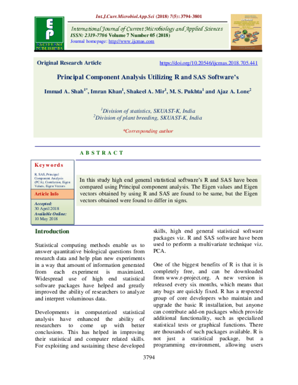 (PDF) Principal Component Analysis Utilizing R and SAS Software’s
