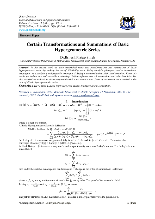 (PDF) Certain Transformations and Summations of Basic Hypergeometric Series