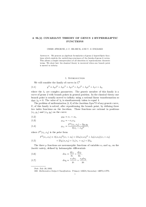 (PDF) A SL(2) covariant theory of genus 2 hyperelliptic functions ...