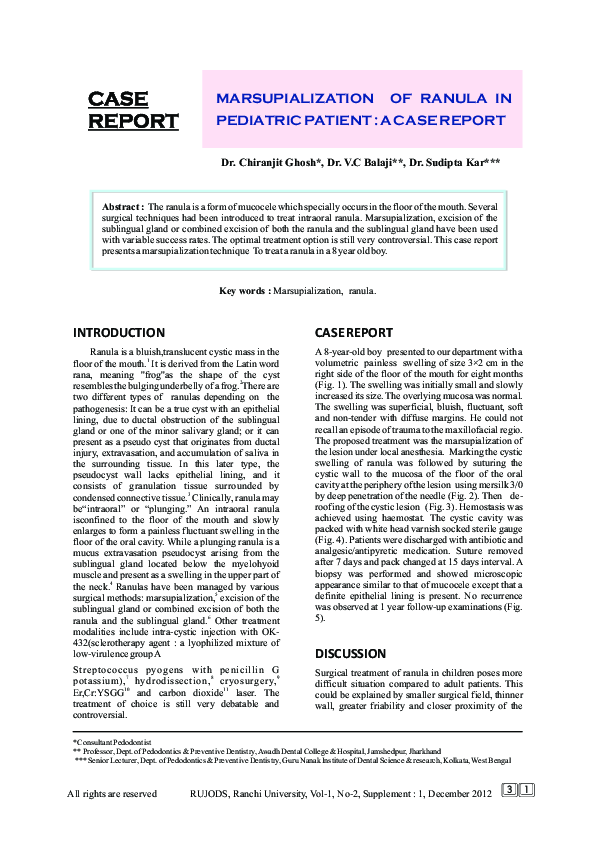 (PDF) Marsupialization of Ranula in Pediatric Patient : A Case Report