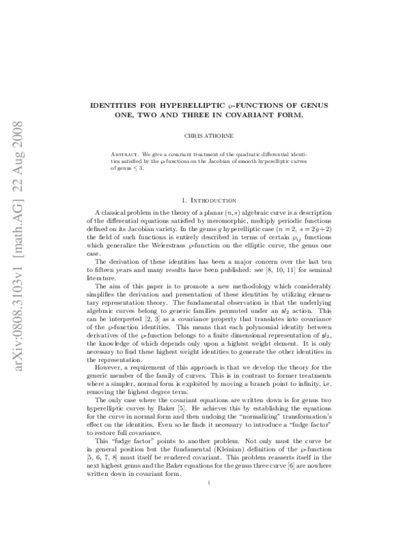 (PDF) Identities for hyperelliptic ℘-functions of genus one, two and ...