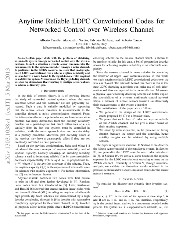 Pdf Anytime Reliable Ldpc Convolutional Codes For Networked Control
