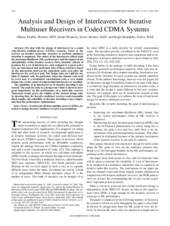 (PDF) Analysis and Design of Interleavers for Iterative Multiuser Receivers In Coded CDMA Systems