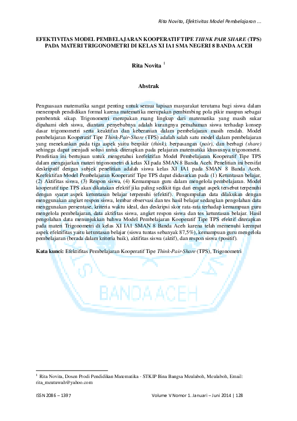 (PDF) Efektivitas Model Pembelajaran Kooperatif Tipe Think Pair Share (TPS) Pada Materi ...