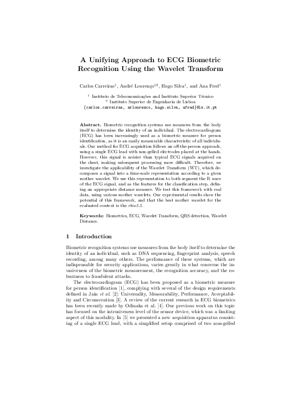 Pdf A Unifying Approach To Ecg Biometric Recognition Using The Wavelet Transform André