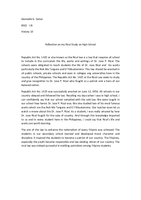 Reflection on my Rizal Study on High School | Desnielle Park - Academia.edu
