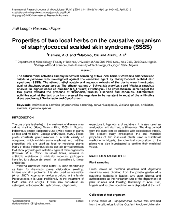 (PDF) Properties of two local herbs on the causative organism of ...