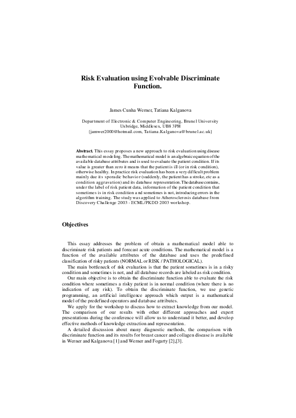 (PDF) Evolvable Discriminate Function for Disease Risk Evaluation