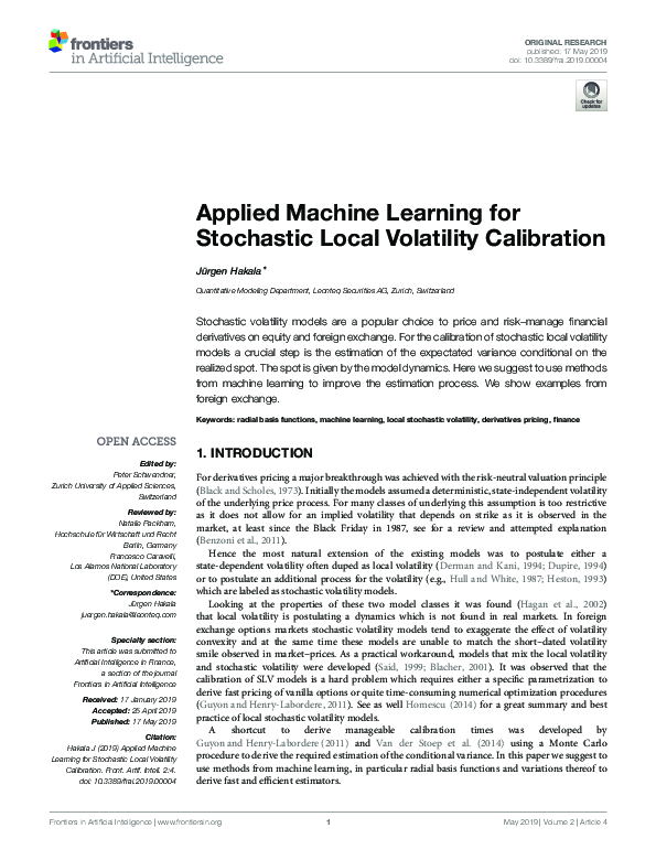 Pdf Applied Machine Learning For Stochastic Local Volatility Calibration