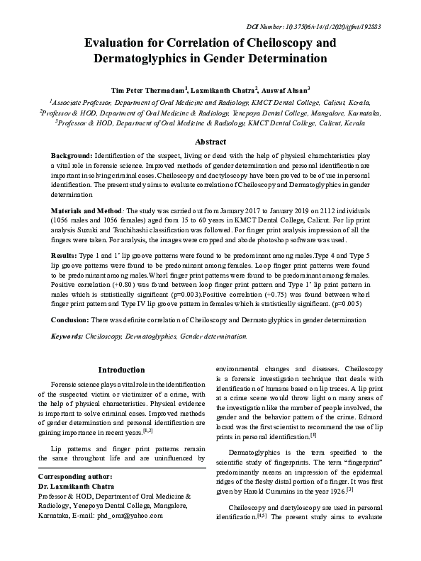 (PDF) Evaluation for Correlation of Cheiloscopy and Dermatoglyphics in ...
