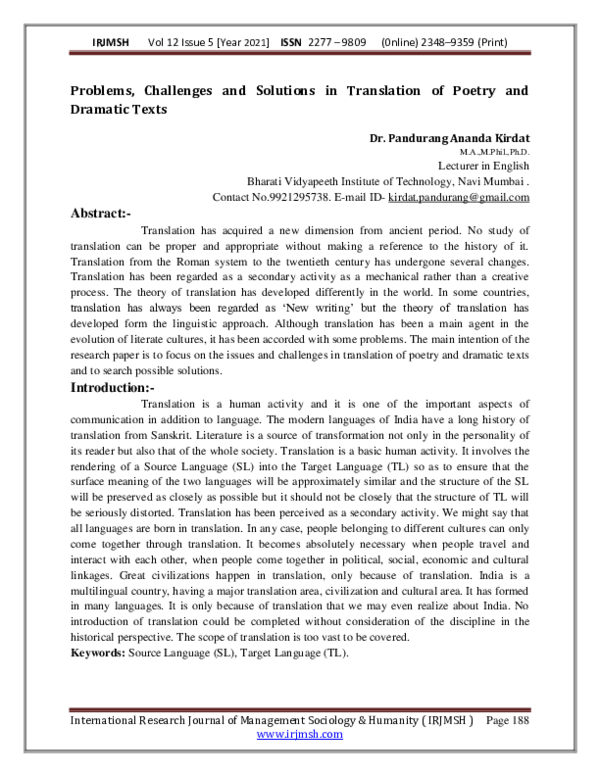 (PDF) Problems, Challenges and Solutions in Translation of Poetry and ...
