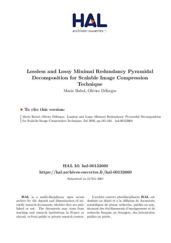 (PDF) Lossless and lossy minimal redundancy pyramidal decomposition for ...