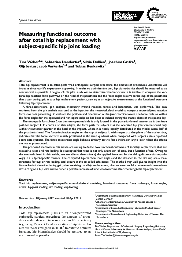 (PDF) Measuring functional outcome after total hip replacement with ...