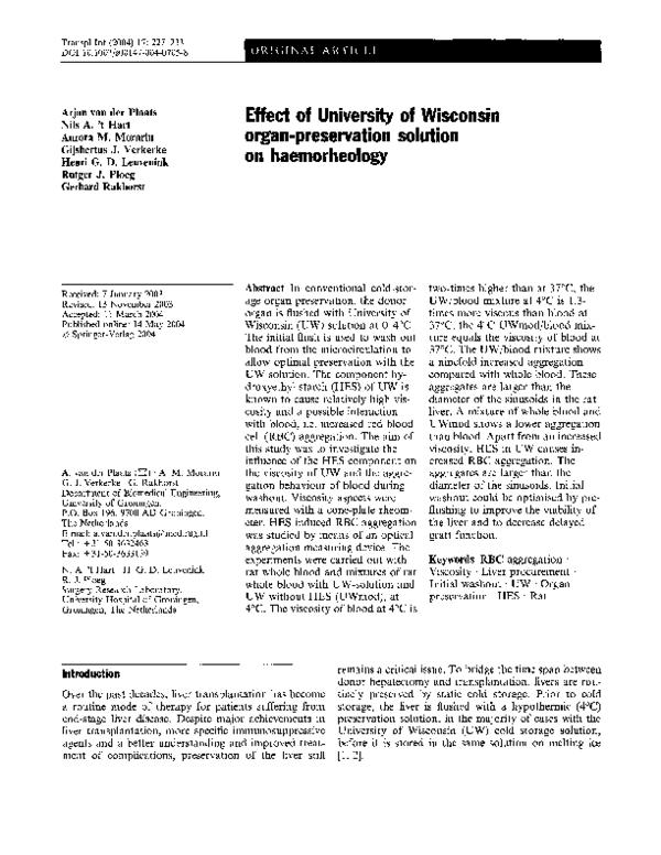 (PDF) Effect of University of Wisconsin organ-preservation solution on ...