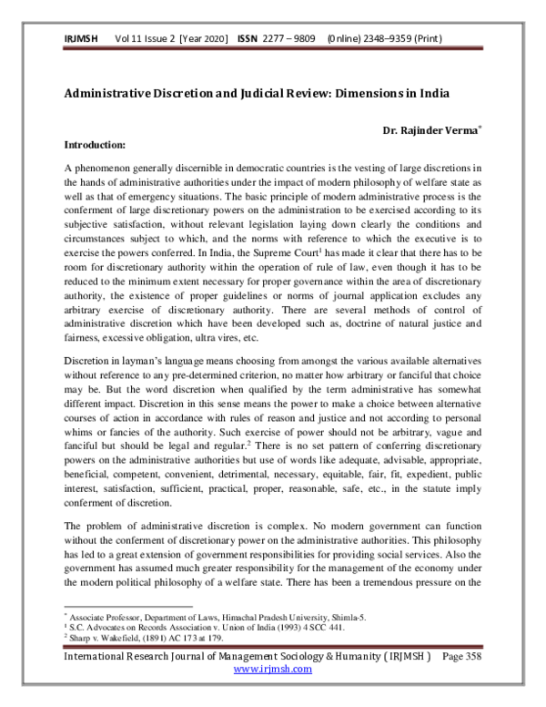 (PDF) Administrative Discretion and Judicial Review: Dimensions in India