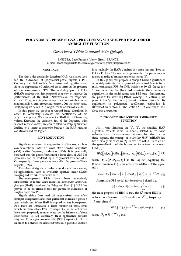 Pdf Polynomial Phase Signal Processing Via Warped High Order Ambiguity Function