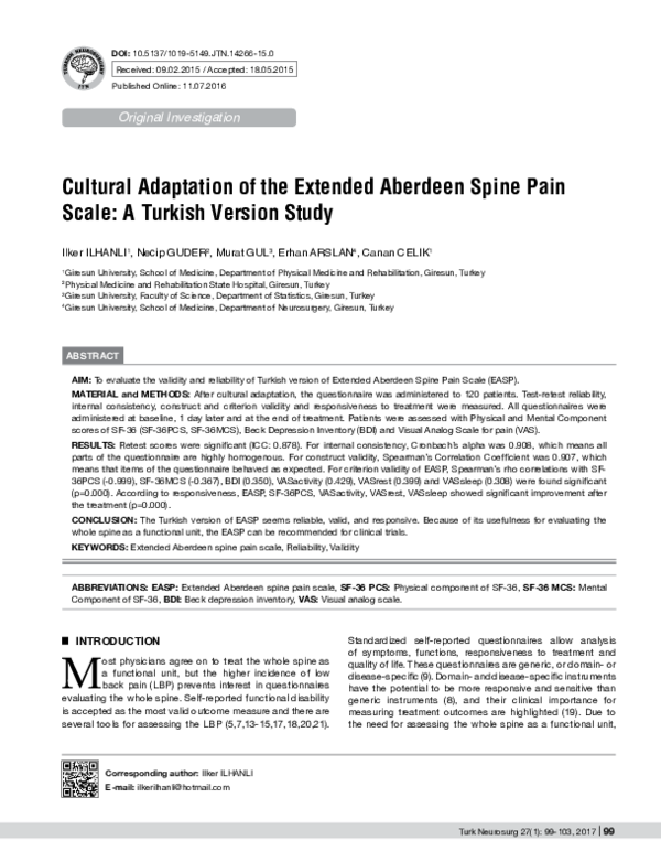 (PDF) The cultural adaptation of extended aberdeen spine pain scale: a ...