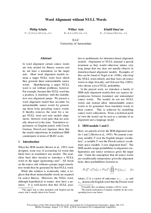 (PDF) Word Alignment without NULL Words