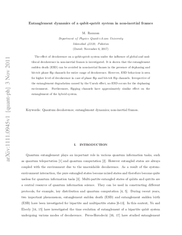 Pdf Entanglement Dynamics Of A Qubit Qutrit System In Non Inertial Frames