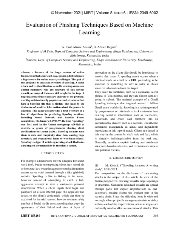 (PDF) Evaluation of Phishing Techniques Based on Machine Learning