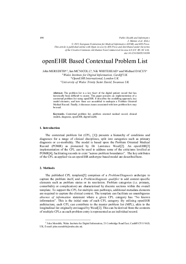 (PDF) openEHR Based Contextual Problem List