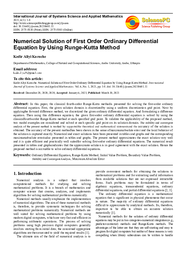 Pdf Numerical Solution Of First Order Ordinary Differential Equation By Using Runge Kutta Method