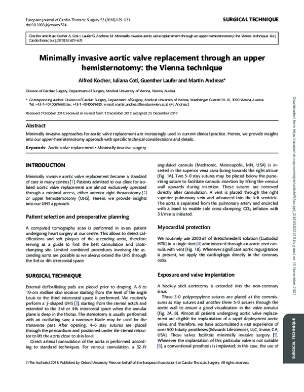 (PDF) Minimally invasive aortic valve replacement through a transverse ...